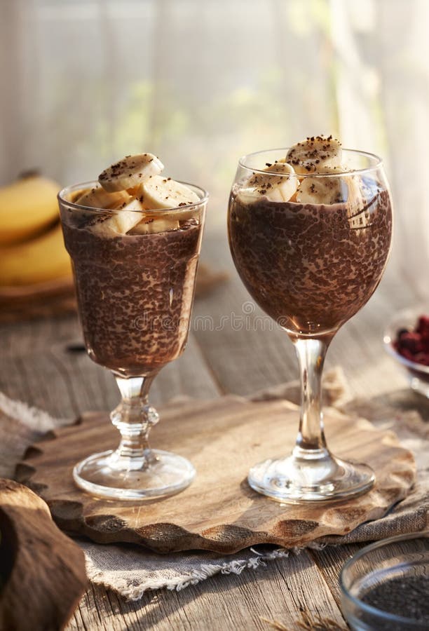 Two Cups of Healthy Chia Chocolate Pudding with Fresh Bananas Stock ...