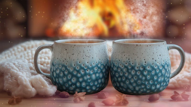 Two Cups of Hot Coffee on a Table in Front of a Fireplace Stock Video ...