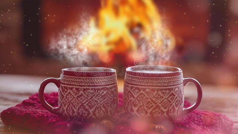 Two Cups of Hot Coffee on a Table in Front of a Fireplace Stock Video ...