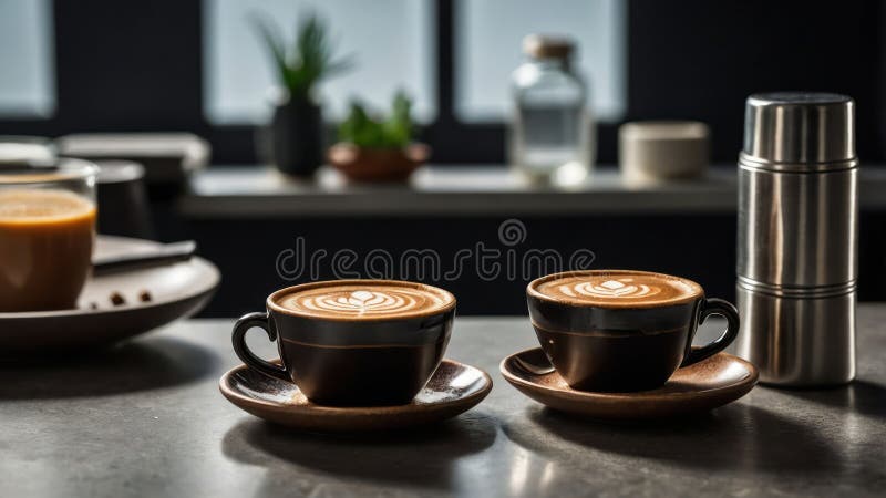 Two Cups of Latte Art on a Dark Countertop, Showcasing a Cozy Coffee ...