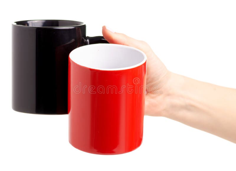 Two Cups Mug Red Black in Hand Stock Photo - Image of beverage, bright ...