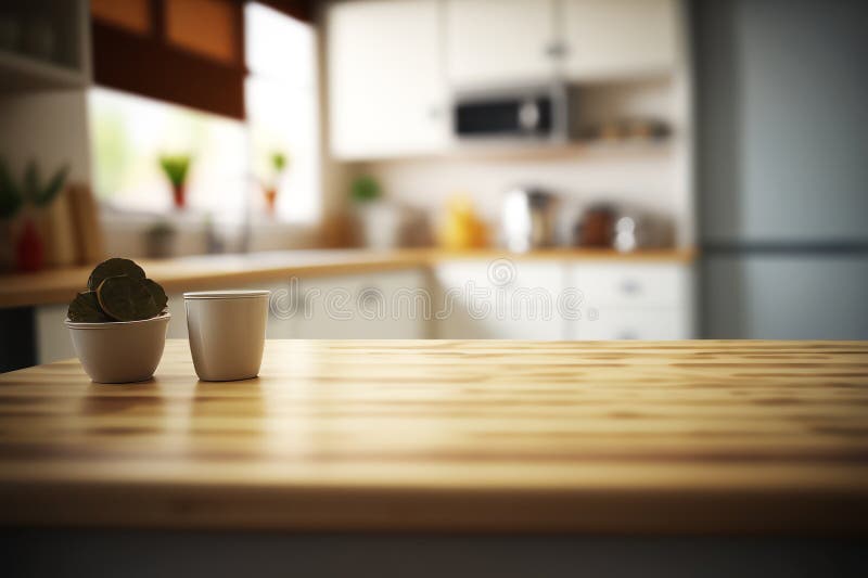 Two Cups Sit on Wooden Counter in Front of Kitchen. Generative AI Stock ...