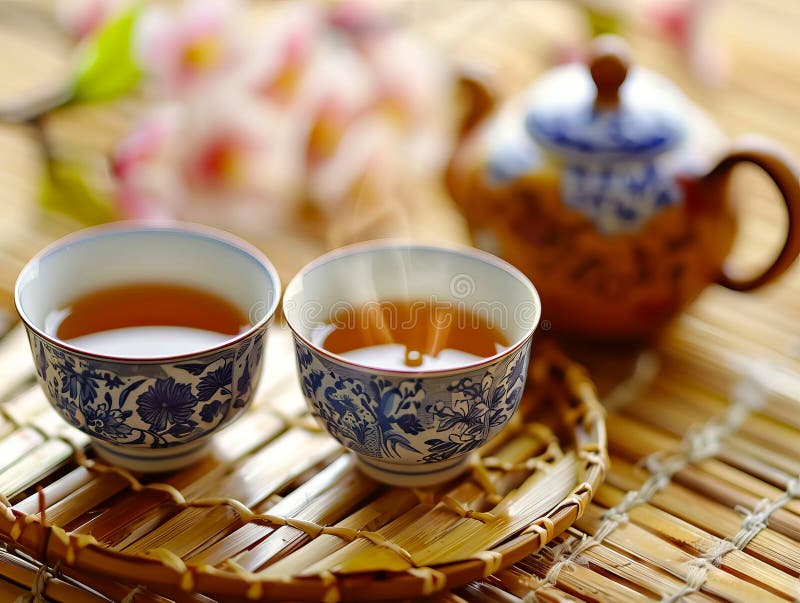 Two Cups of Tea on a Bamboo Tray Stock Image - Image of porcelain ...