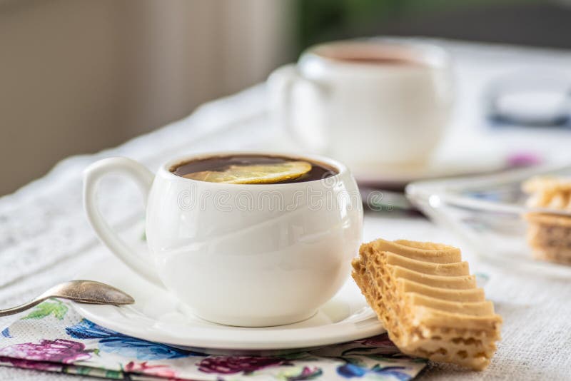 Two cups of tea or caffee stock photo. Image of sunrise - 179853480