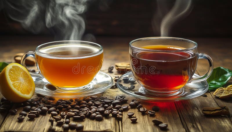 Two Cups of Tea with Coffee Beans and a Slice of Lemon on a Wooden ...