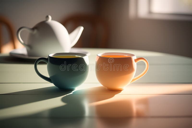 Two Cups of Tea or Coffee on a Table in Sun Rays. Cozy Mood Stock ...