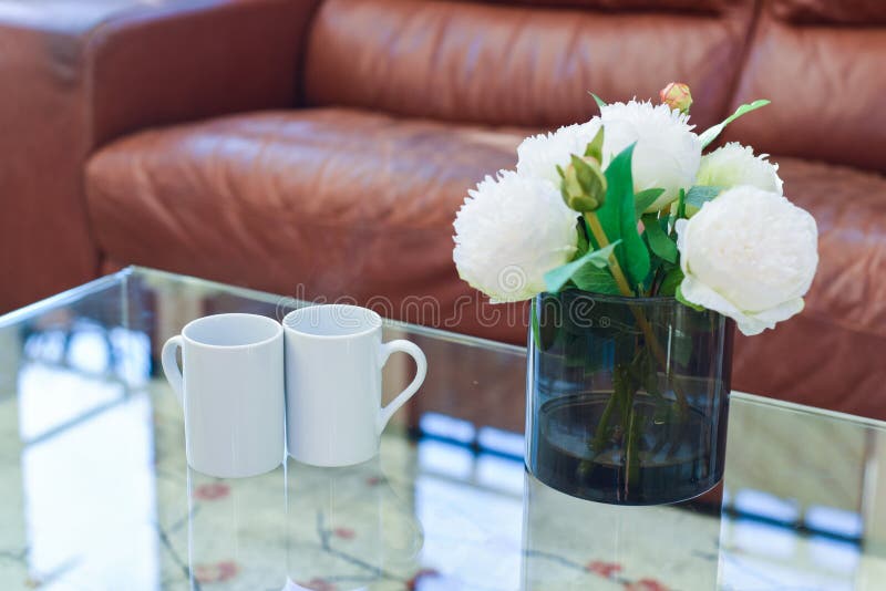 Two Cups of Tea or Coffee Together on a Coffee Table in a Light Home ...