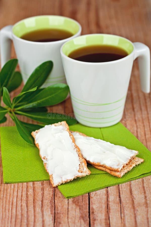 Two Cups of Tea and Crackers with Cream Cheese Stock Image - Image of ...