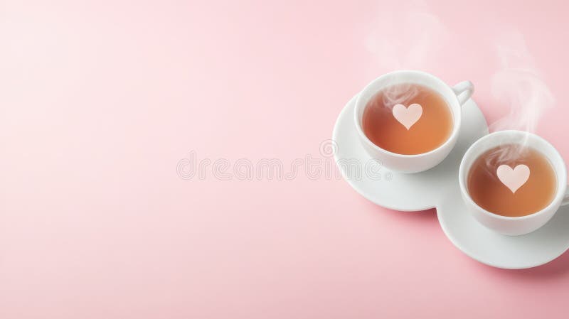 Two Cups of Tea with Heartshaped Steam on Pink Background, Cozy and ...