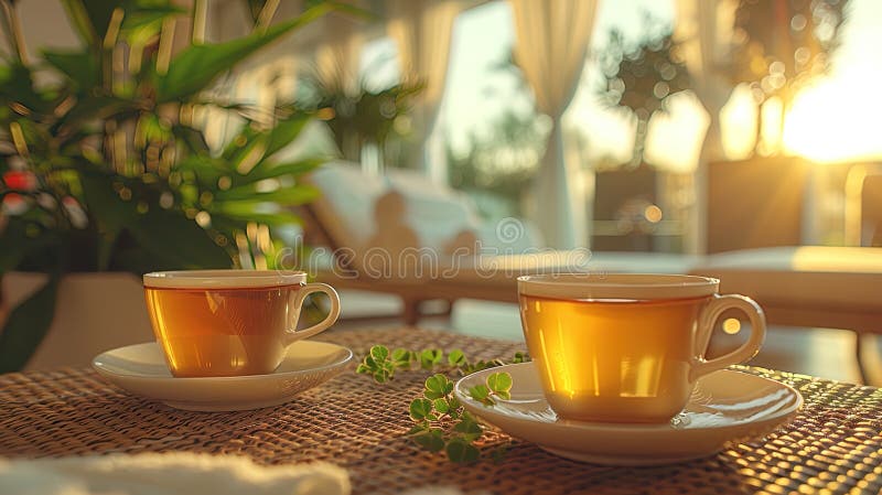 Two Cups of Tea on a Patio Table at Sunset Stock Photo - Image of ...
