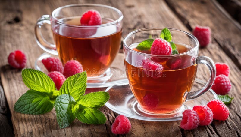Two Cups of Tea with Raspberries and Mint Leaves Stock Illustration ...