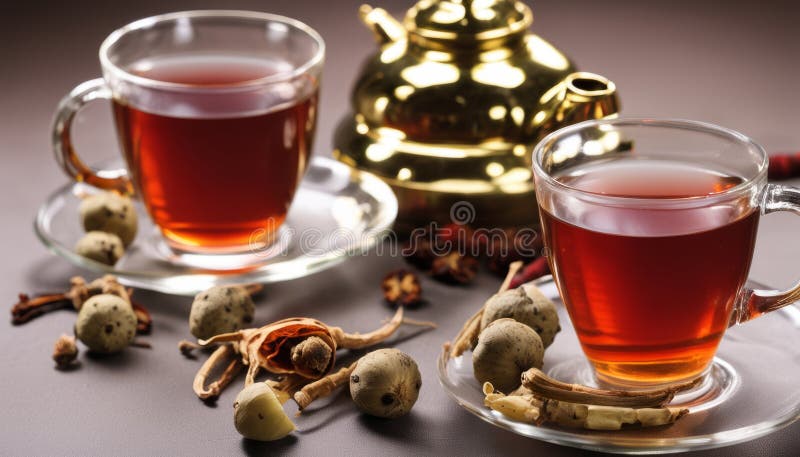 Two Cups of Tea on Saucers with Spices and Tea Leaves Stock ...