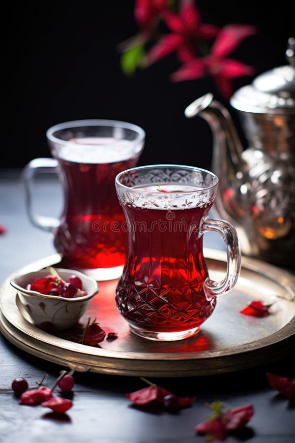Two Cups of Tea Sit on a Tray. Red Turkish Tea Stock Illustration ...