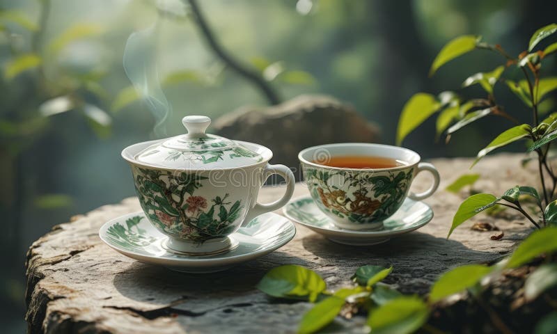 Two Cups Tea Sit on Tree Stump Stock Illustration - Illustration of ...