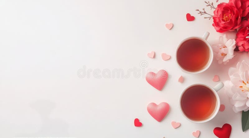Two Cups of Tea Surrounded by Hearts and Flowers on a White Surface for ...