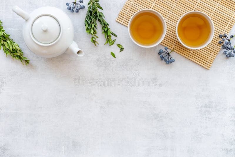 Two Cups of Tea with White Teapot, Top View Stock Image - Image of ...