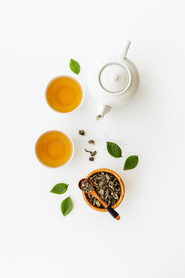 Two Cups of Tea with White Teapot, Top View Stock Image - Image of ...