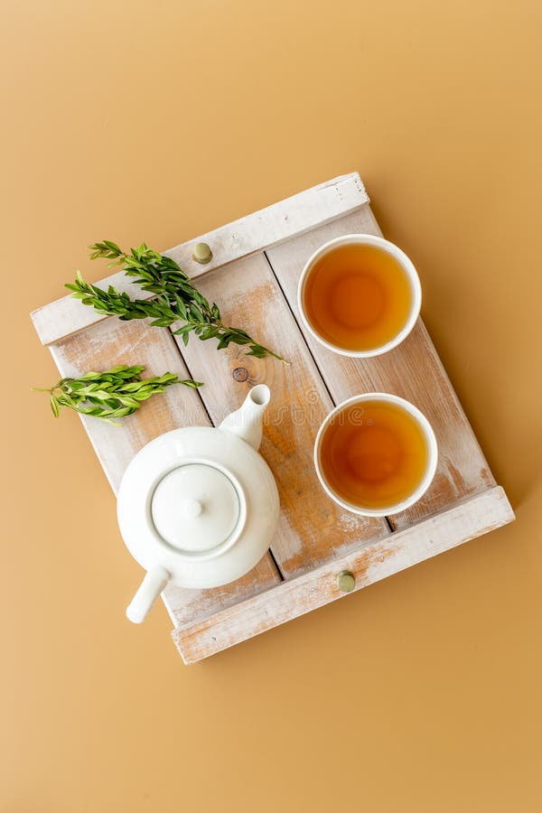 Two Cups of Tea with White Teapot, Top View Stock Photo - Image of ...