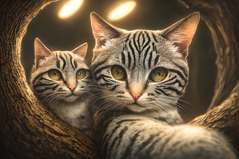 Two Curious Cats Looking at the Camera in a Tree Hollow, Fisheye ...