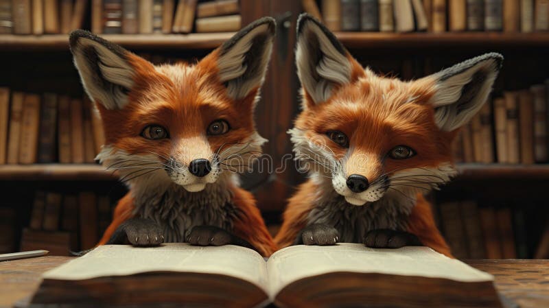 Two Curious Foxes Reading a Book in a Library Stock Illustration ...