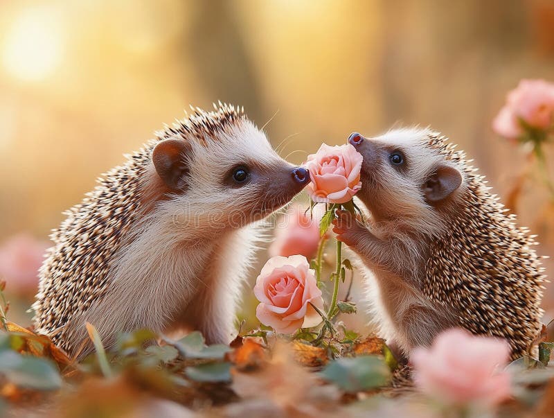 Two Hedgehogs Exploring among Pink Roses. Generated AI Stock ...