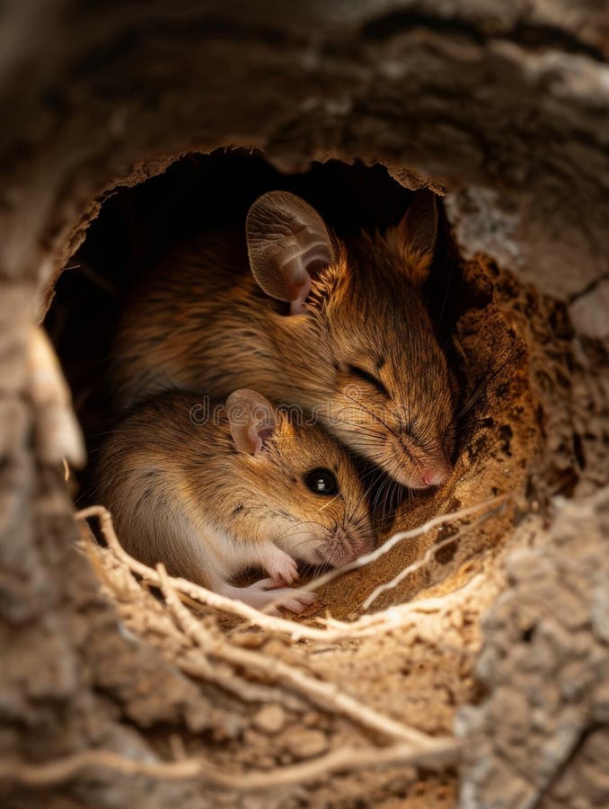 Two Curious Mice Peek Out from a Cozy Hollow in a Tree, Surrounded by ...