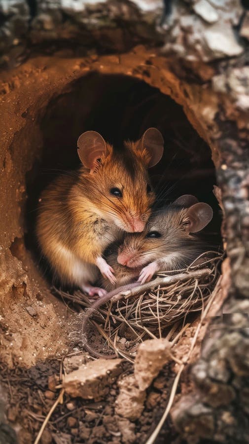 Two Curious Mice Peek Out from a Cozy Hollow in a Tree, Surrounded by ...