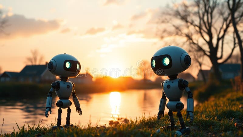 Two Curious Robots Observing a Serene Sunset by the Water in a Rural ...