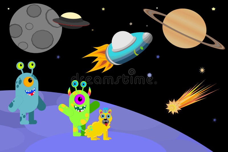 Two Cute Aliens and Alien Dog in an Outer Space Landscape with UFOâ€™s ...