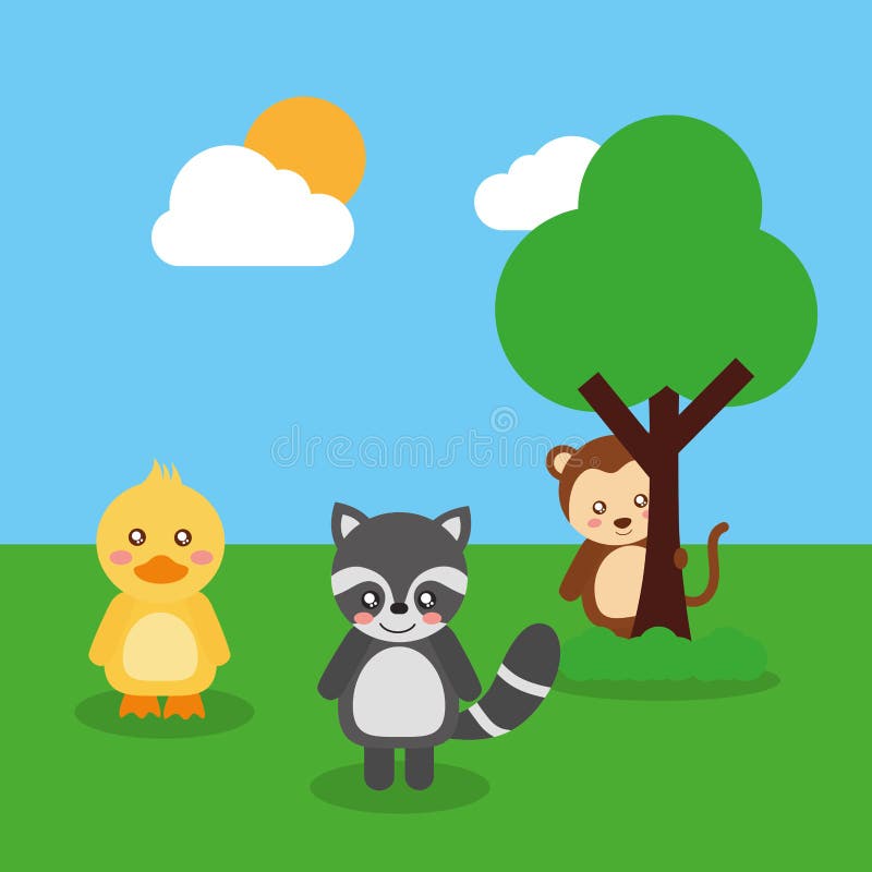 Two Cute Animals Duck Raccoon and Monkey Tree Sky Image Stock Vector ...