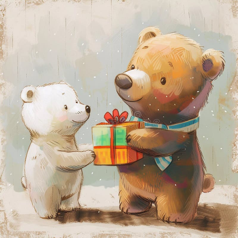 Two Cute Bears with Gift Box. Cartoon Illustration in Retro Style Stock ...