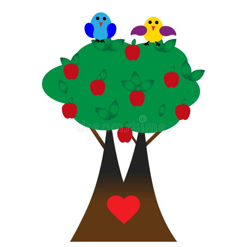 Two Cute Birds on Apple Tree Cartoon Stock Illustration - Illustration ...
