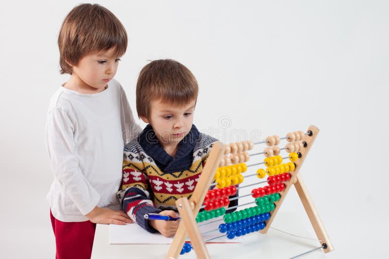Two Cute Boys, Learning To Count and Math Stock Image - Image of ...