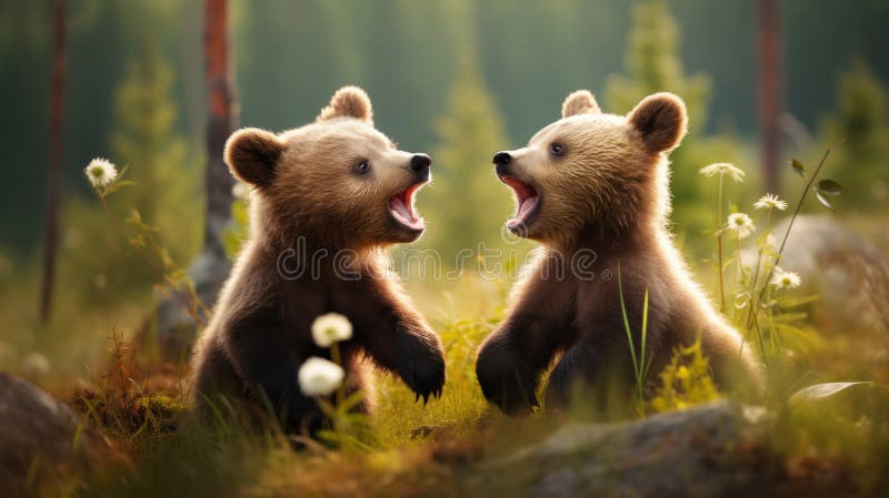 Two Cute Brown Bear Cubs Playing in the Forest Stock Illustration ...