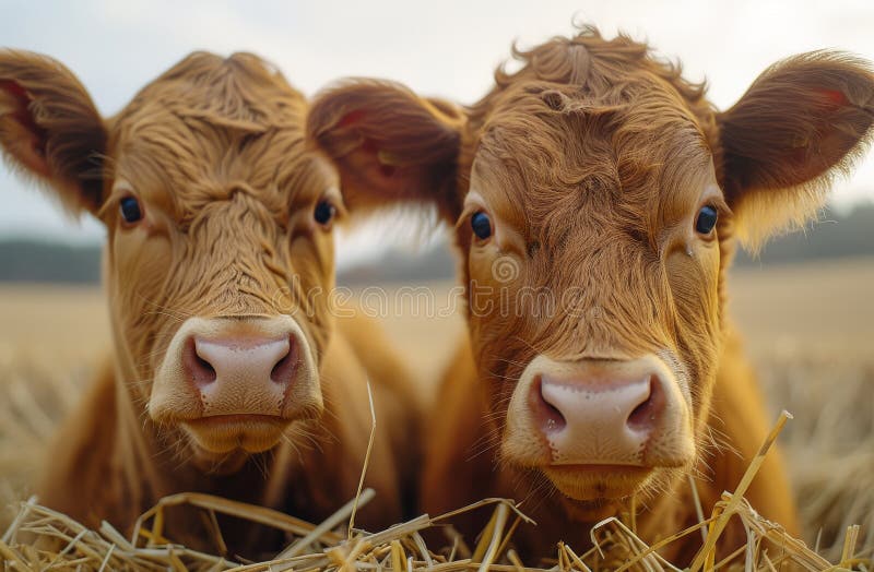 Two Cute Brown Cows are Sitting on Haystack in Field Stock Image ...