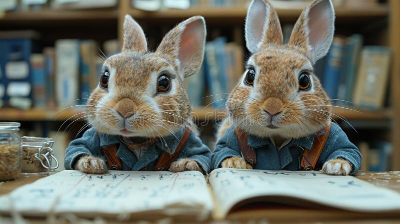 Two Curious Bunnies Studying in a Library Stock Illustration ...