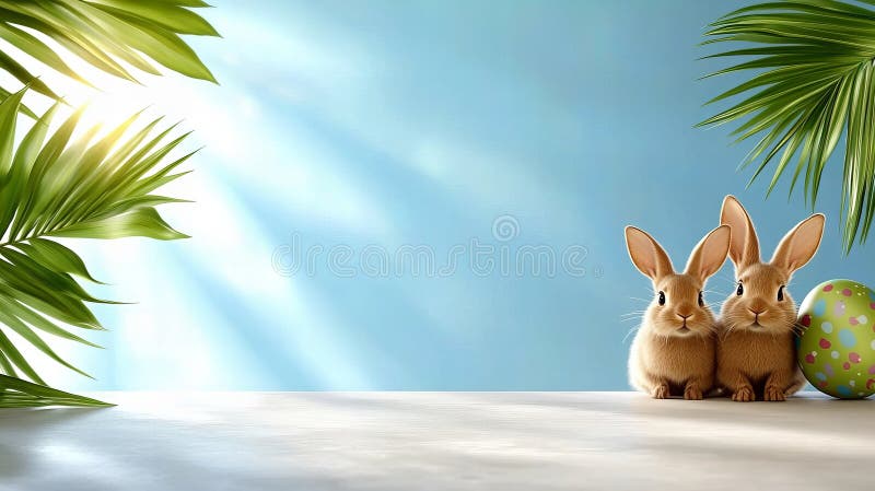 Two Cute Bunnies with Easter Egg on Sunny Table Stock Illustration ...