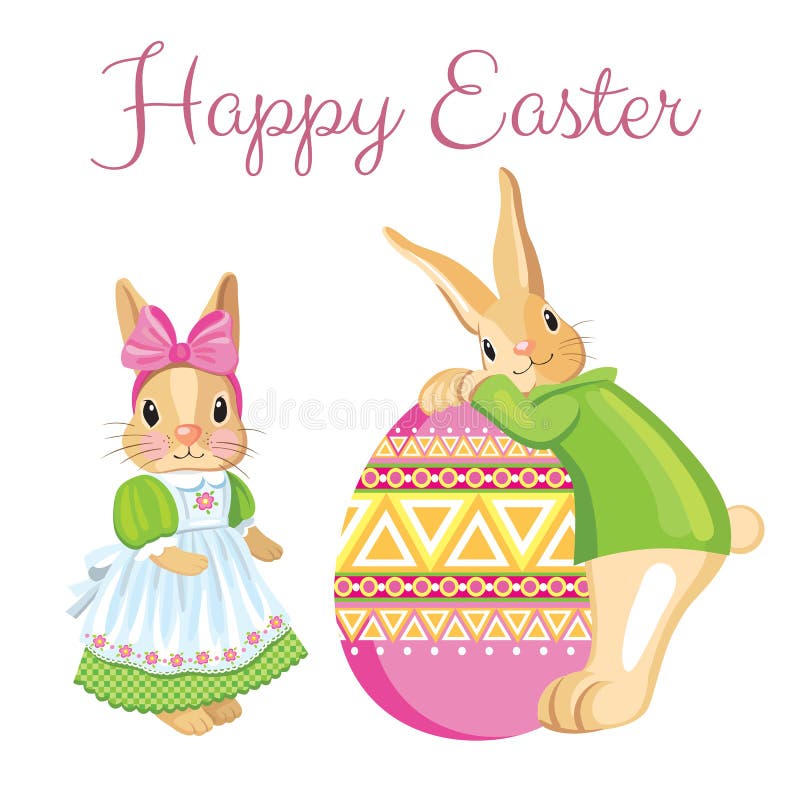 Two Cute Bunnies with Easter Painted Egg. Vector Illustration Isolated ...