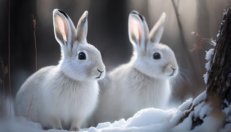 Two Cute Bunnies on Snow in Winter Forest. Animal Theme Stock ...