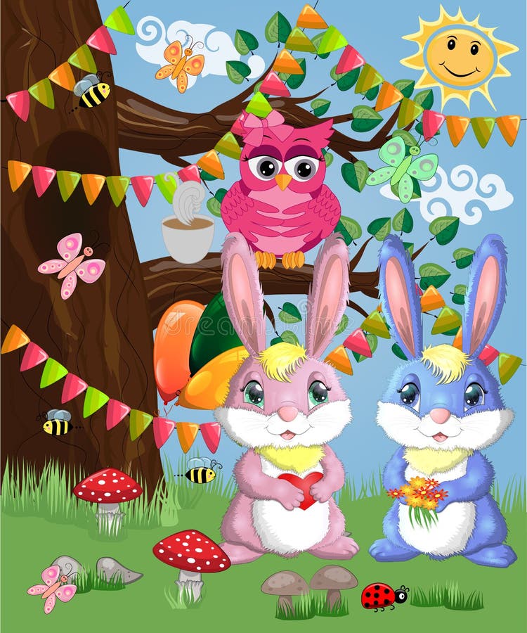 Two Cute Bunny in a Forest Glade. Boy and Girl, Concept Spring, Love ...