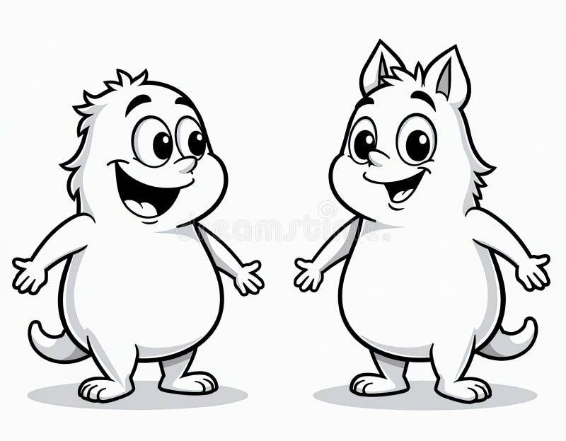 Two Cute Cartoon Creatures Happy and Friendly Black and White ...