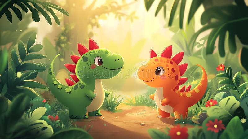 Two Cute Cartoon Dinosaurs in Lush Jungle Setting with Sunlight and ...