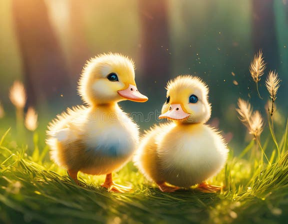 Two Cute Cartoon Ducklings in the Grass Stock Illustration ...