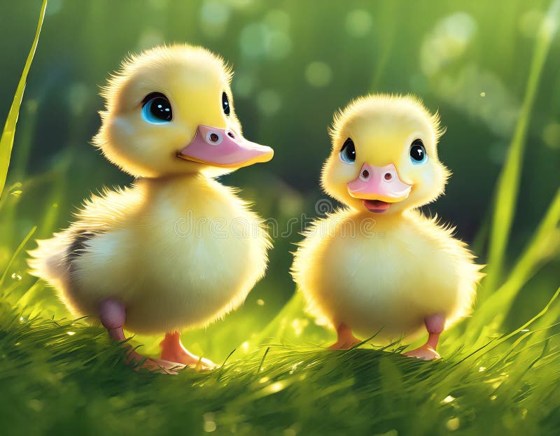 Two Cute Cartoon Ducklings in the Grass Stock Illustration ...