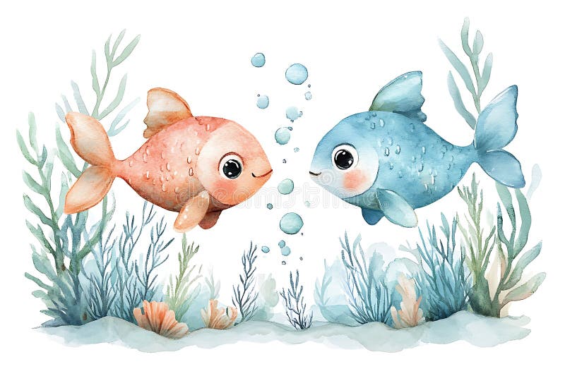 Two Cute Cartoon Fish Facing Each Other Underwater, Surrounded by ...