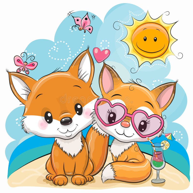 Two Cute Cartoon Foxes on the Beach Stock Vector - Illustration of ...