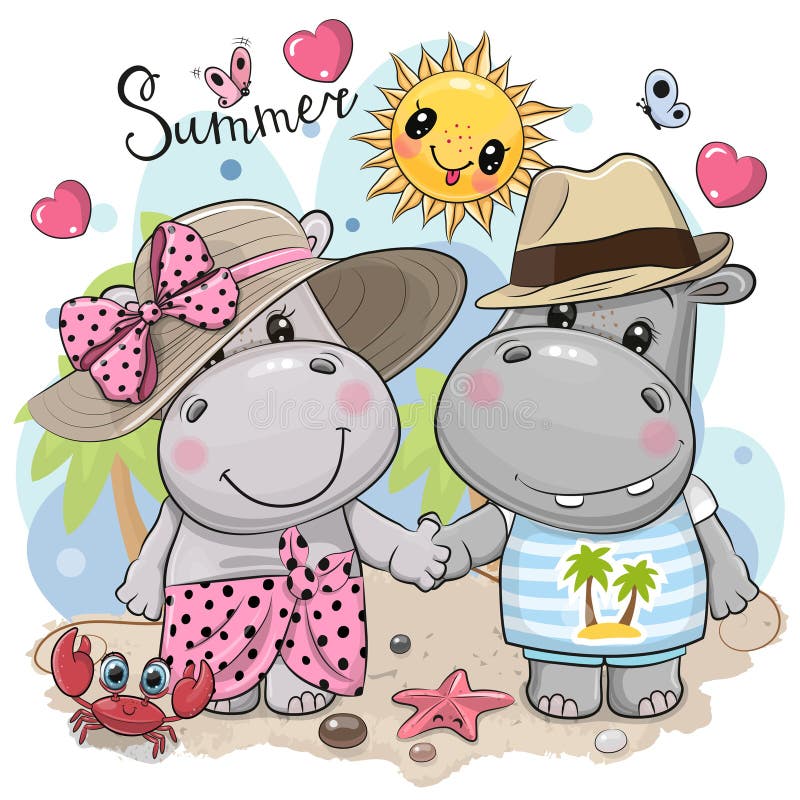 Two Cute Cartoon Hippos on the Beach Stock Vector - Illustration of ...