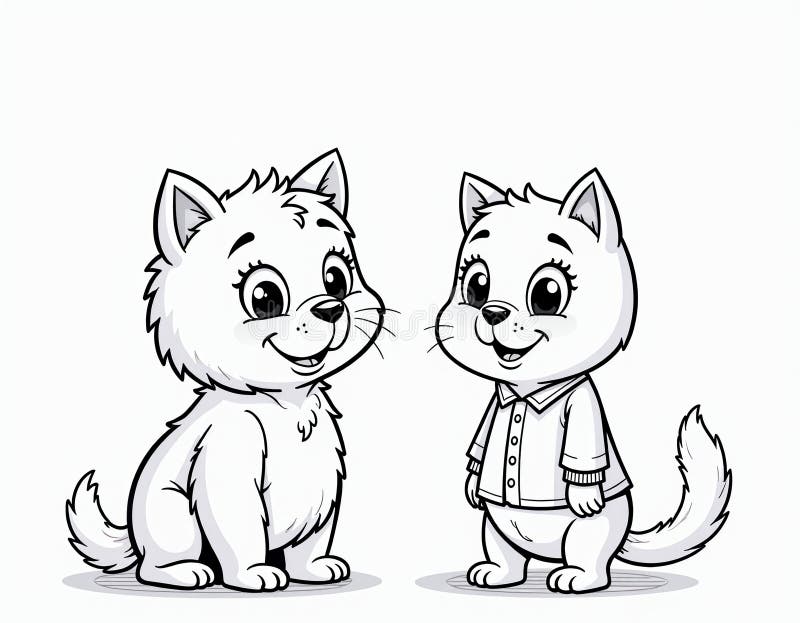 Two Cute Cartoon Kittens, Black and White Illustration Stock ...