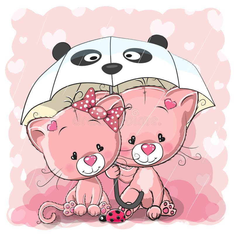 Two Cute Cartoon Kittens with Umbrella Stock Vector - Illustration of ...