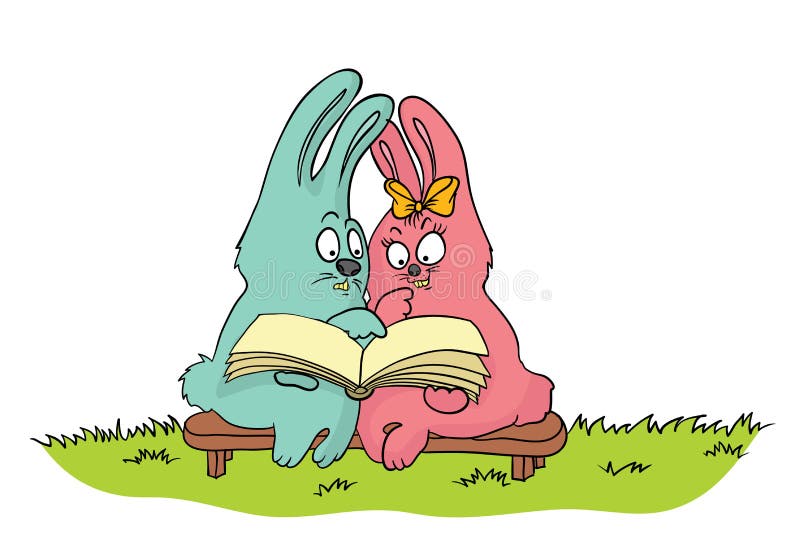Two Cute Cartoon Rabbit Sitting and Reading a Book. Vector Illustration ...